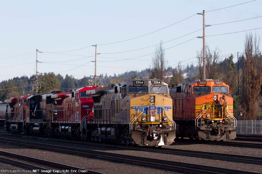 BNSF 5050, UP 5564, CPR 9835, NS 6981, and CPR 8719